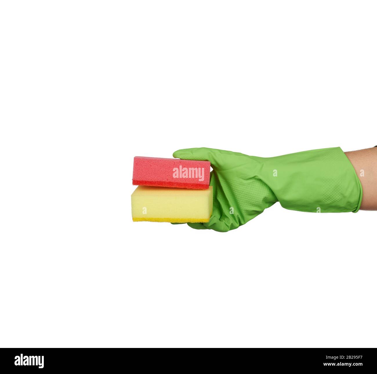 wearing a green glove for cleaning and washing dishes, kitchen sponges ...