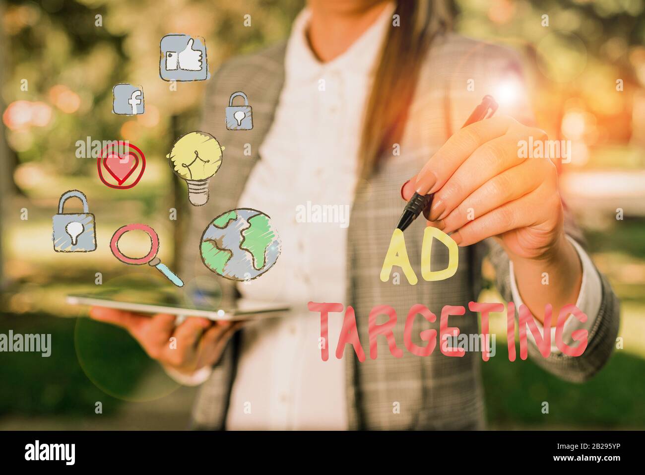 Writing note showing Ad Targeting. Business concept for target the most ...