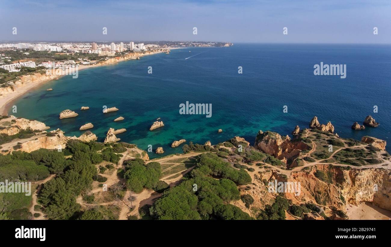 Aerial view of the beautiful bay of the Portuguese coast of the city of ...