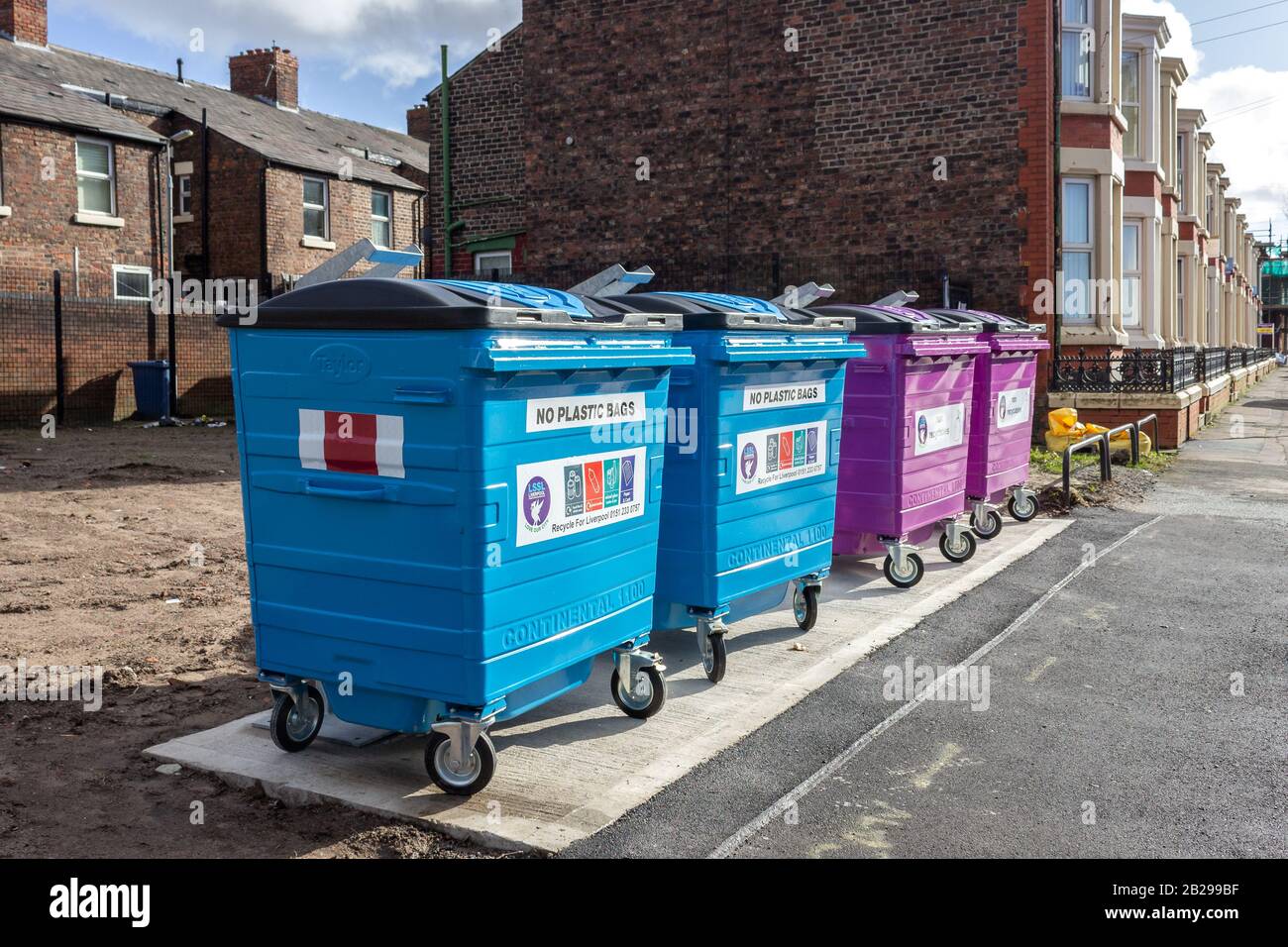 Recycling waste containers, Empress Road, Liverpool Stock Photo - Alamy