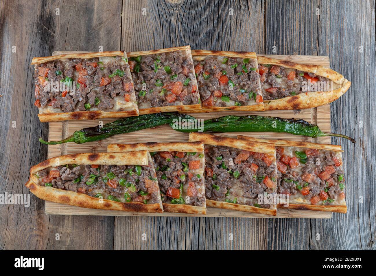Traditional Turkish dish pita beef - Kusbasili Pide. Turkish Pide with ...