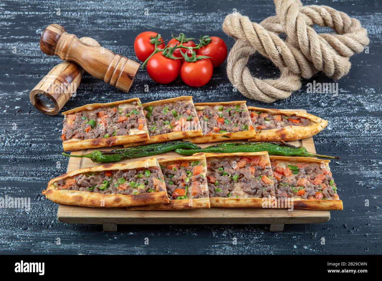 Traditional Turkish dish pita beef - Kusbasili Pide. Turkish Pide with ...