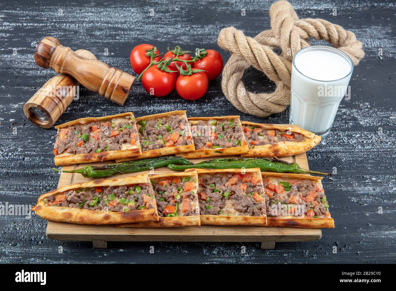 Traditional Turkish dish pita beef - Kusbasili Pide. Turkish Pide with ...