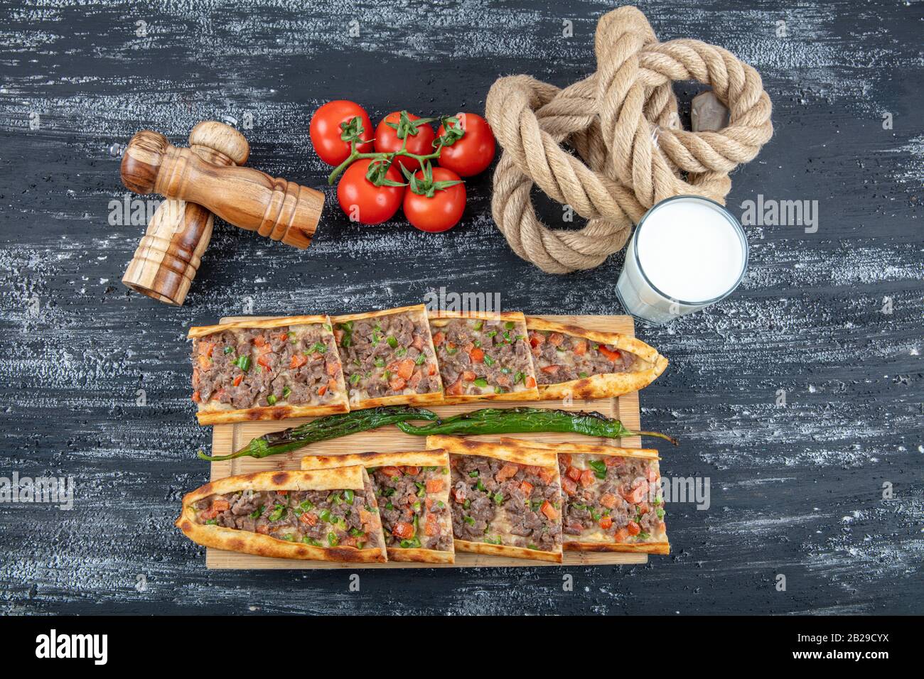 Traditional Turkish dish pita beef - Kusbasili Pide. Turkish Pide with ...