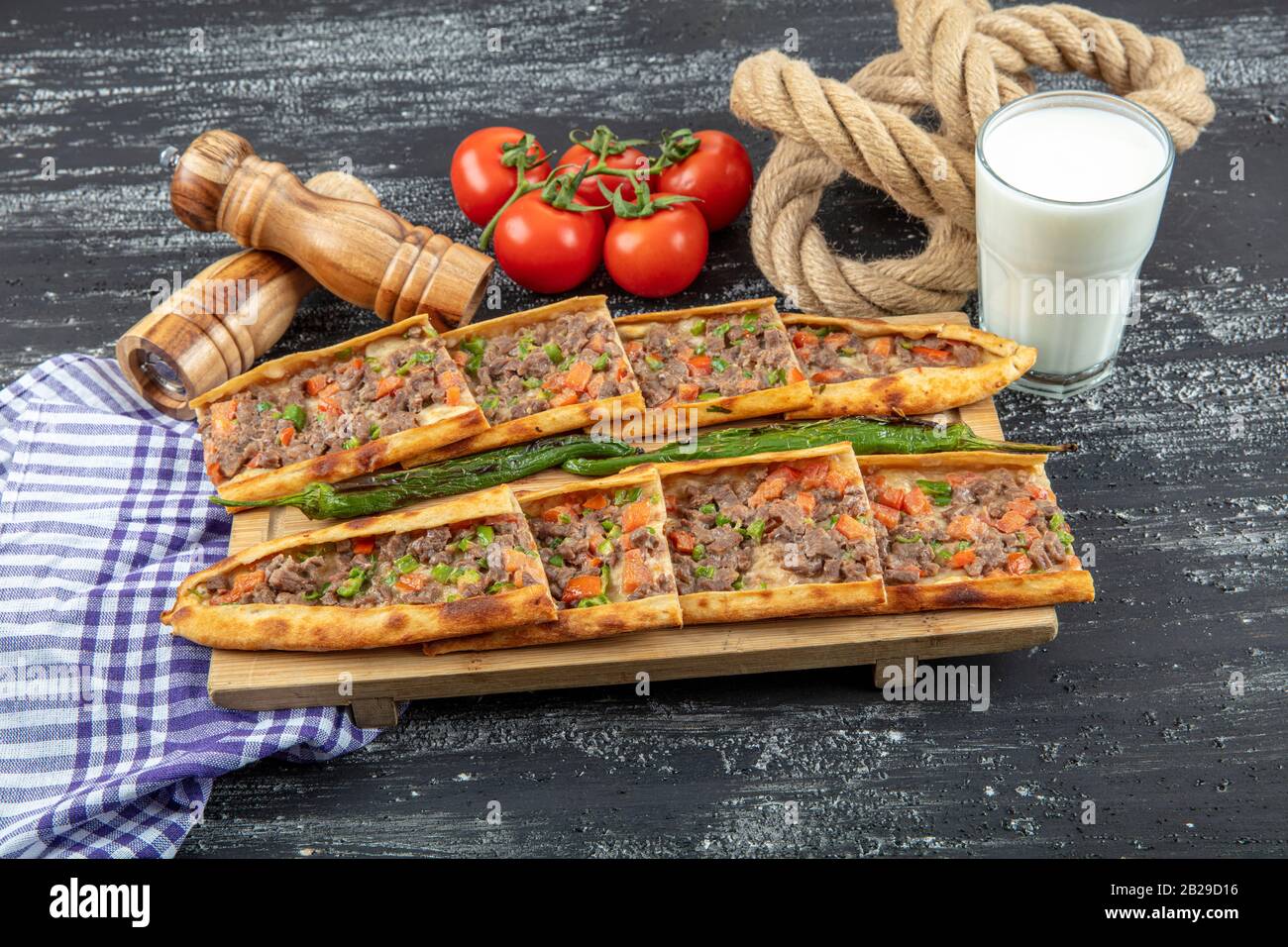 Traditional Turkish dish pita beef - Kusbasili Pide. Turkish Pide with ...