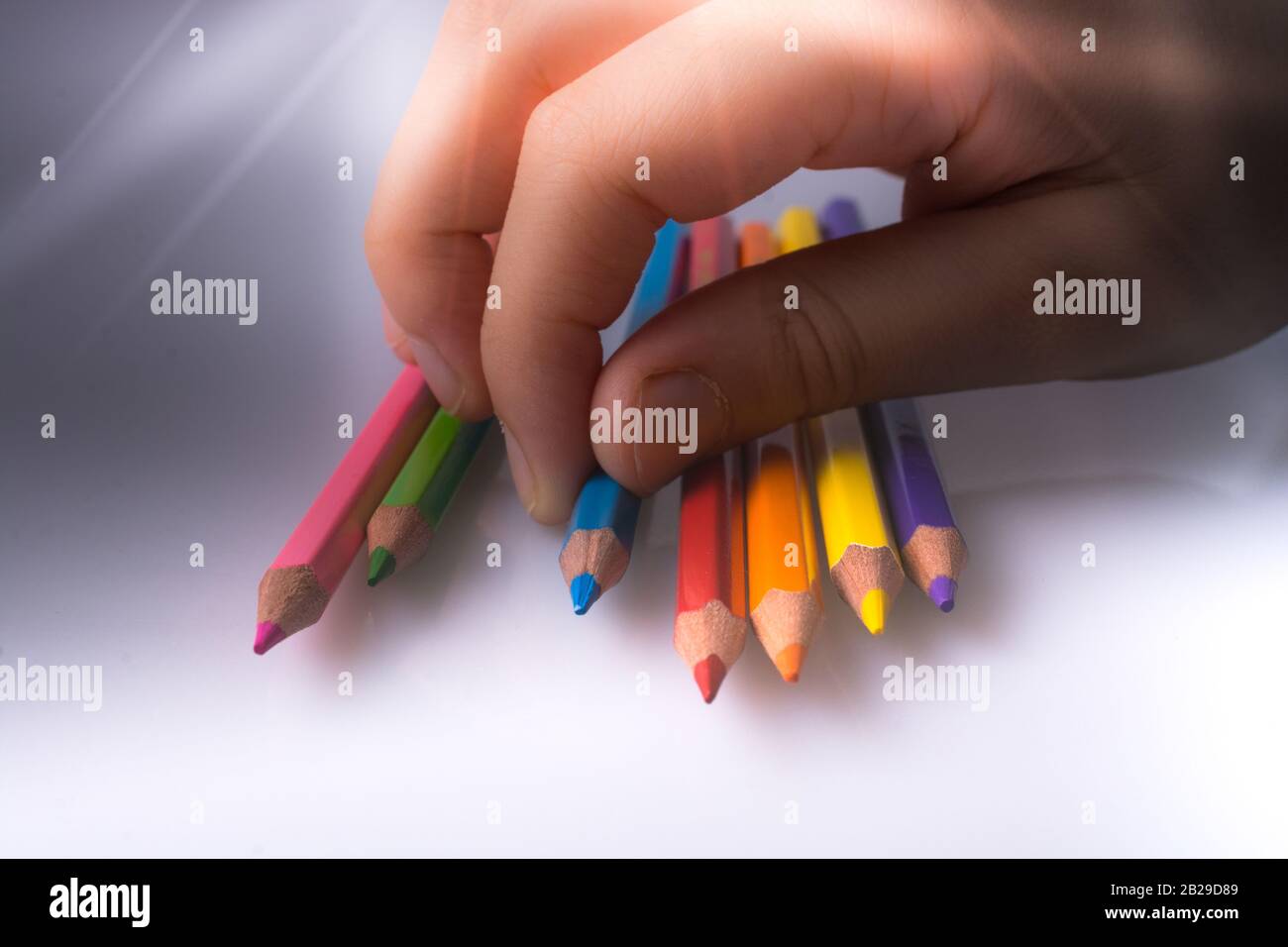 Hand holding color Pencils placed on a white background Stock Photo - Alamy