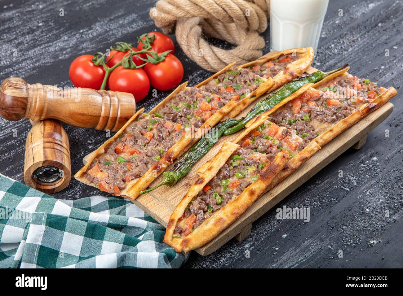 Traditional Turkish dish pita beef - Kusbasili Pide. Turkish Pide with ...