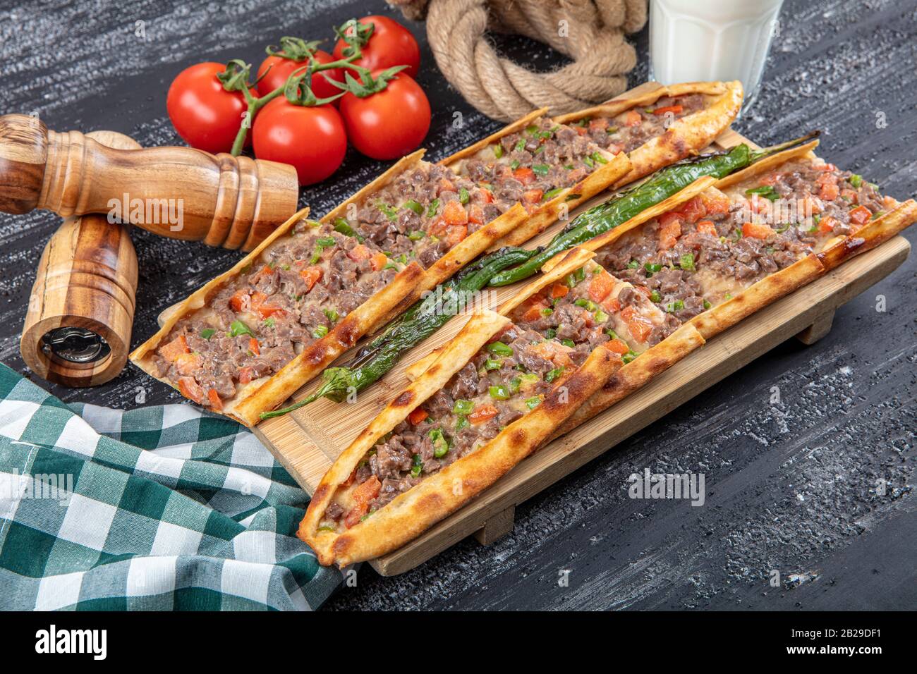 Traditional Turkish dish pita beef - Kusbasili Pide. Turkish Pide with ...