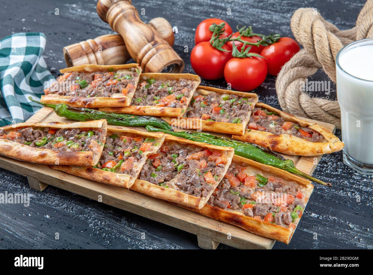 Traditional Turkish dish pita beef - Kusbasili Pide. Turkish Pide with ...