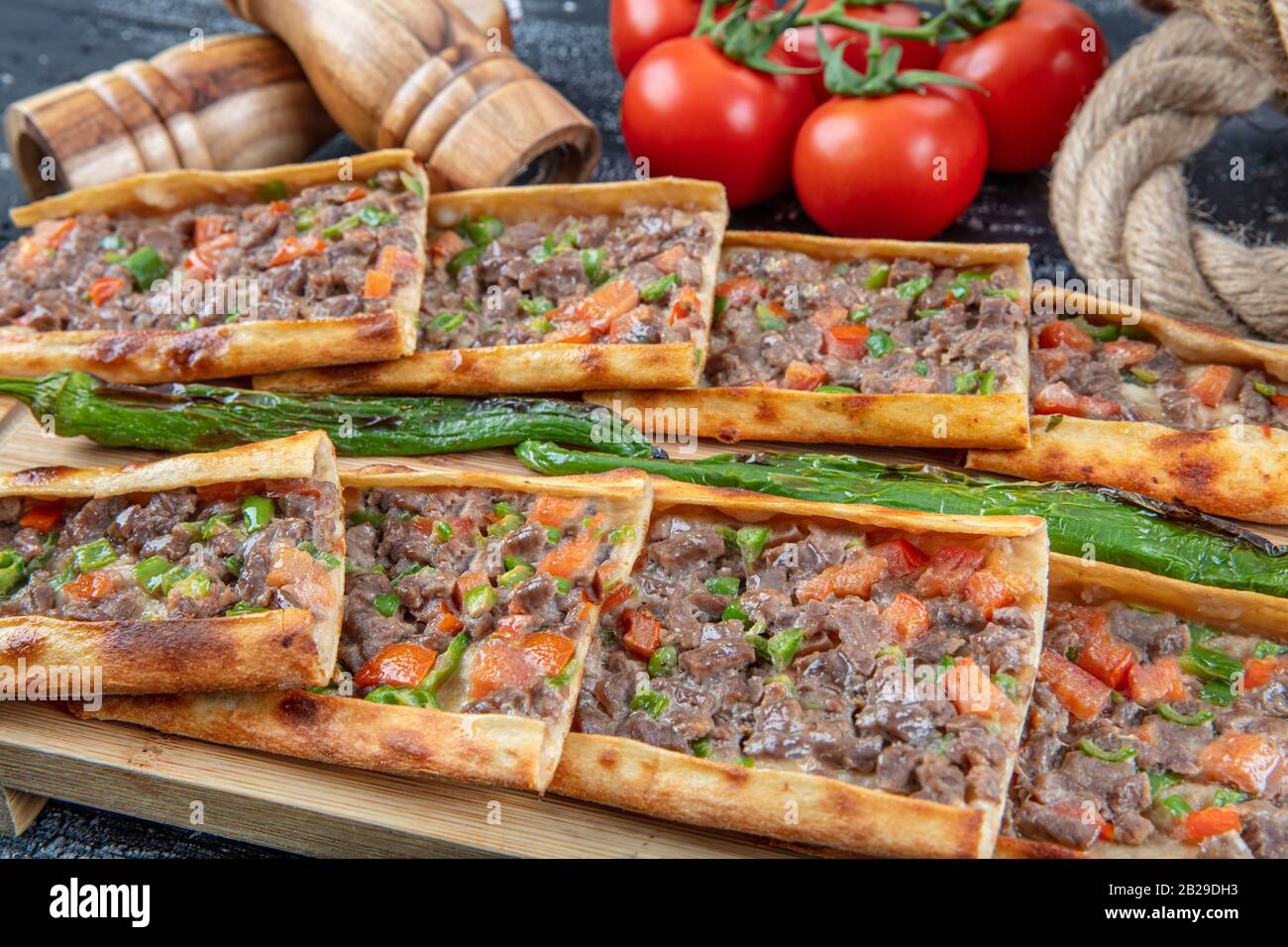 Traditional Turkish dish pita beef - Kusbasili Pide. Turkish Pide with ...