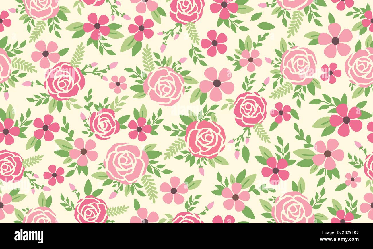 Cute rose flower pattern background for spring, with leaf and flower ...