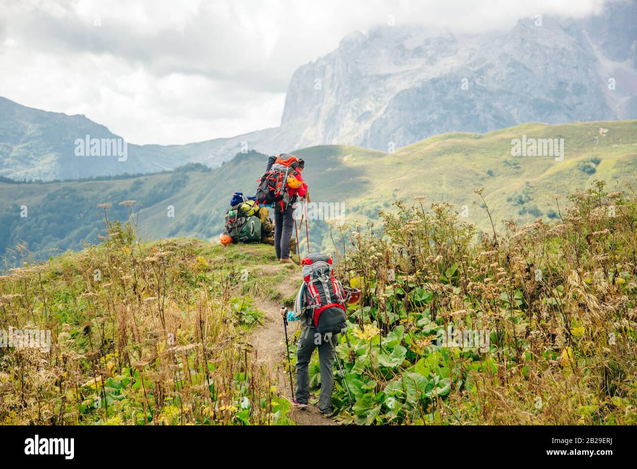 Group hiking in the Mountains of Republic of Adygea with large ...