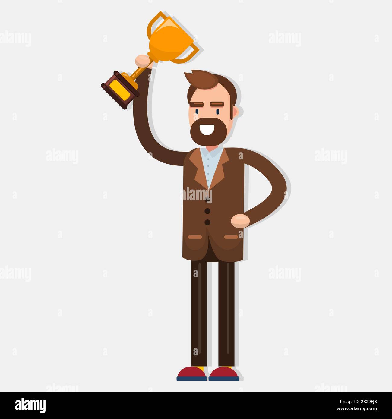 happy businessman lift the trophy for business success concept vector ...