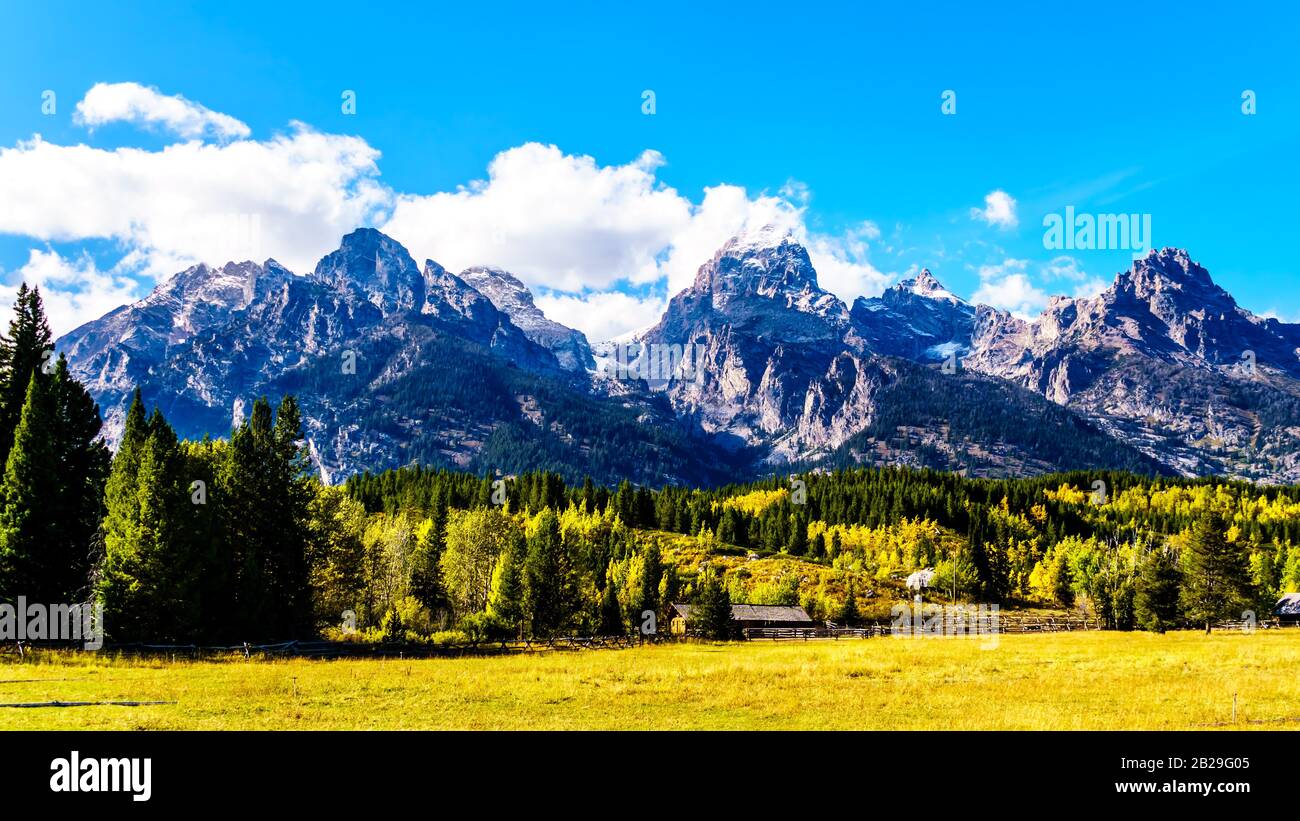 Fall Colors and the tall mountain peaks of Middle Teton, Grand Teton ...