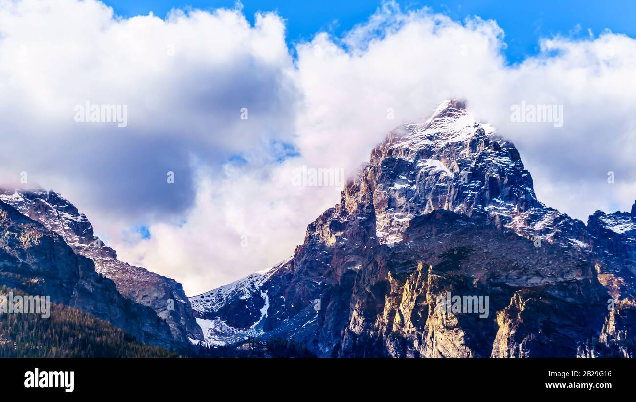 The 13,770 ft high mountain peak of Grand Teton mountainin the Teton ...