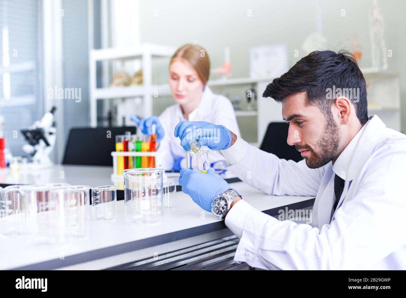 Team of scientist research working together conduct experiments in modern laboratory / Female ...