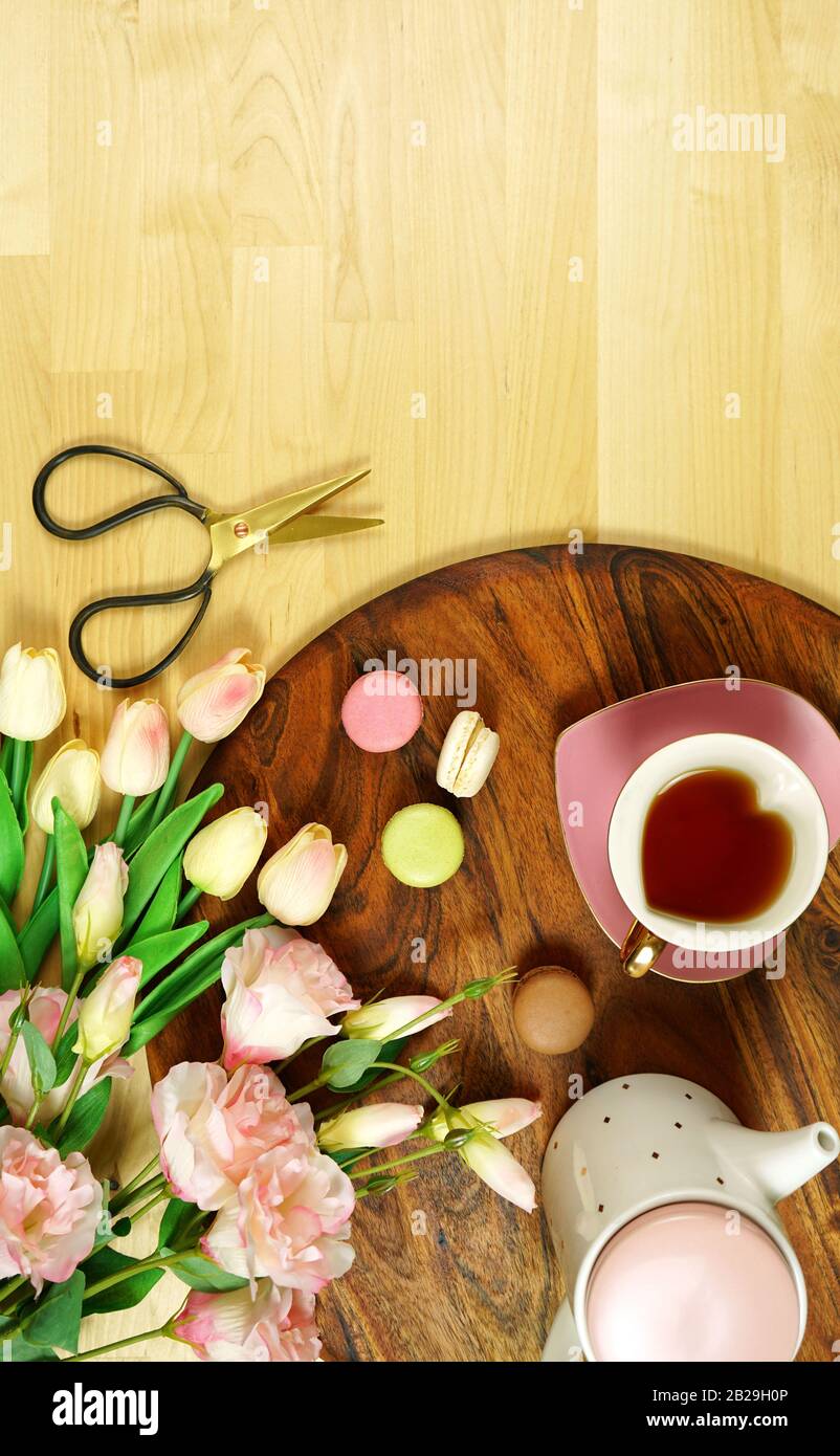 Hello Spring theme creative layout concept flat lay tea break with pink ...