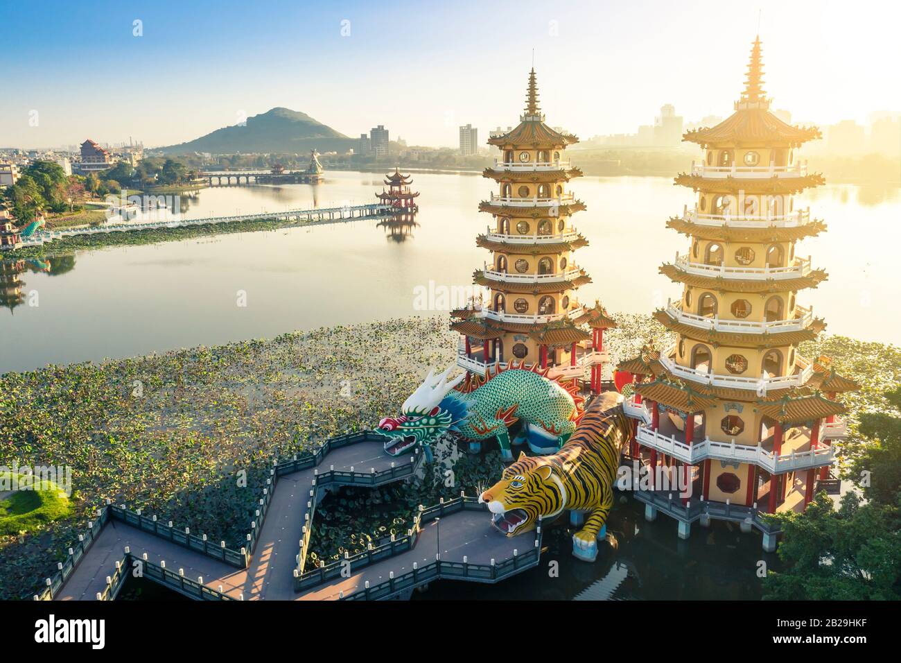 Aerial view Lotus Pond's Dragon and Tiger Pagodas at morning ...
