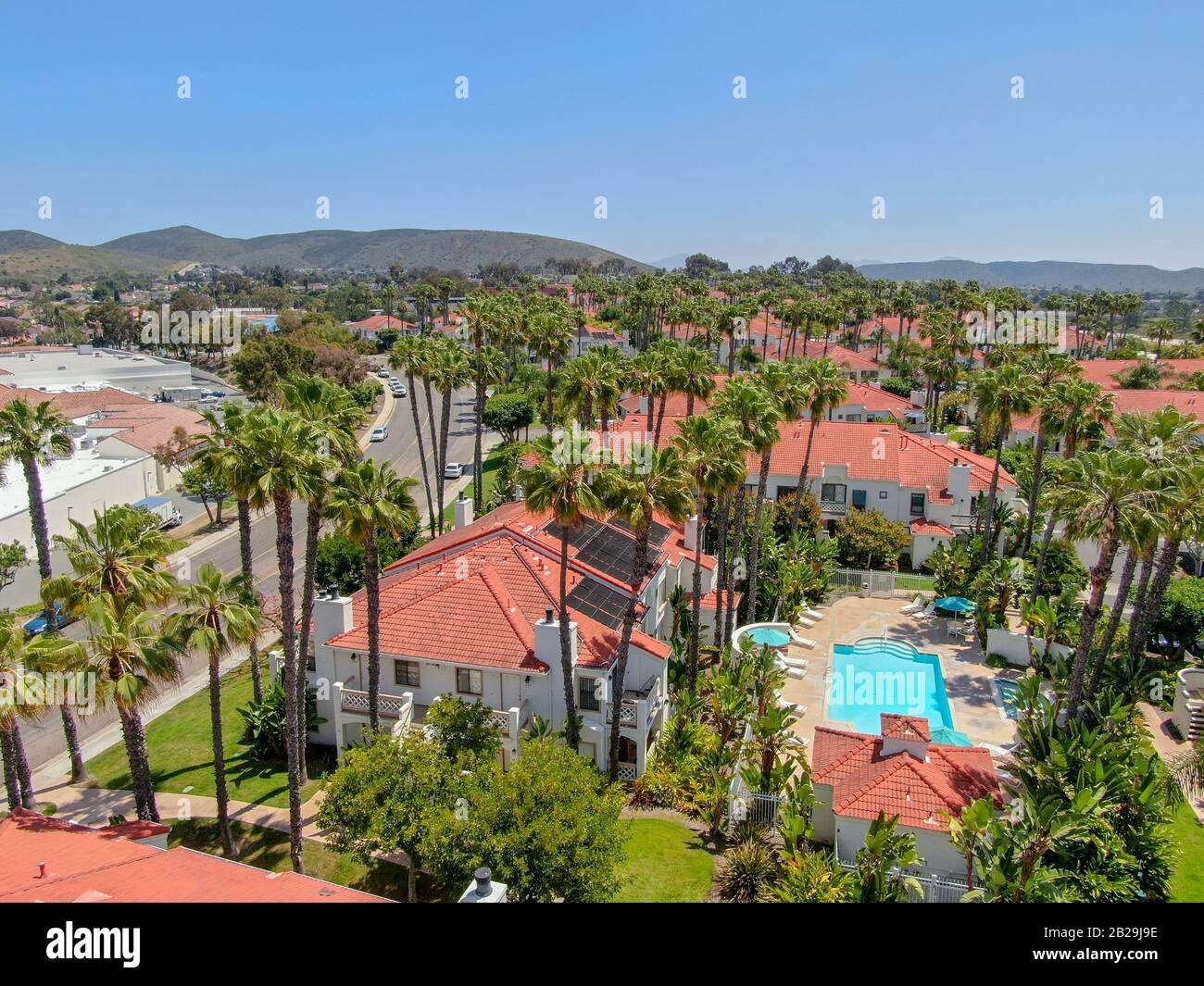 Aerial view of typical Southern California Spanish style residential ...