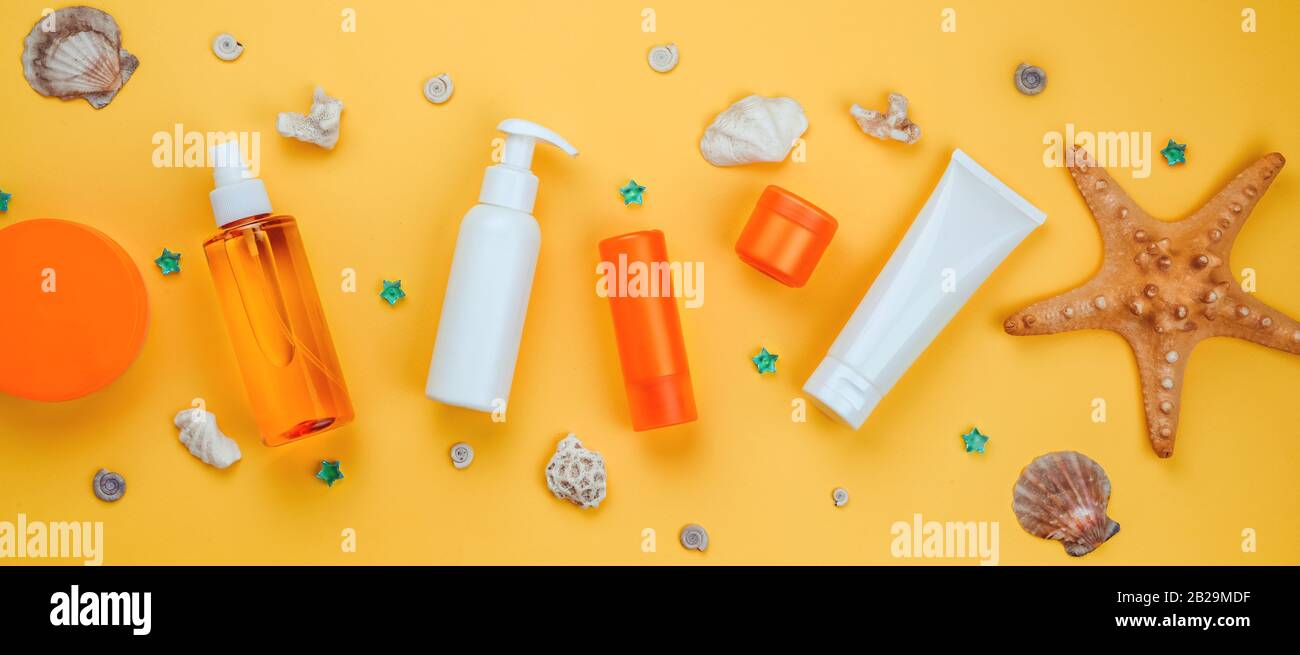 Frame from sunscreens. Flat lay, natural cosmetics, cream with SPF ...