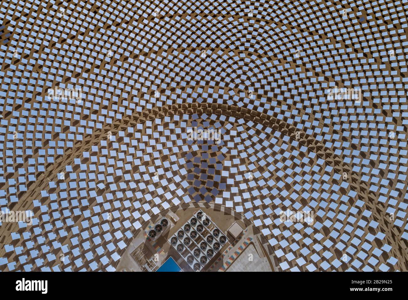Aerial view of solar thermal plant uses mirrors that focus the sun's ...