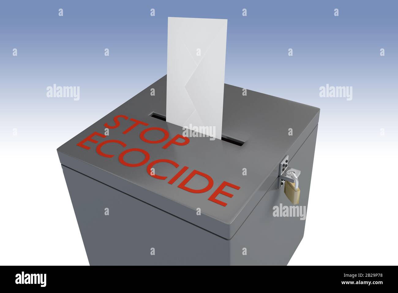 3D illustration of STOP ECOCIDE script on a ballot box, and a voting ...