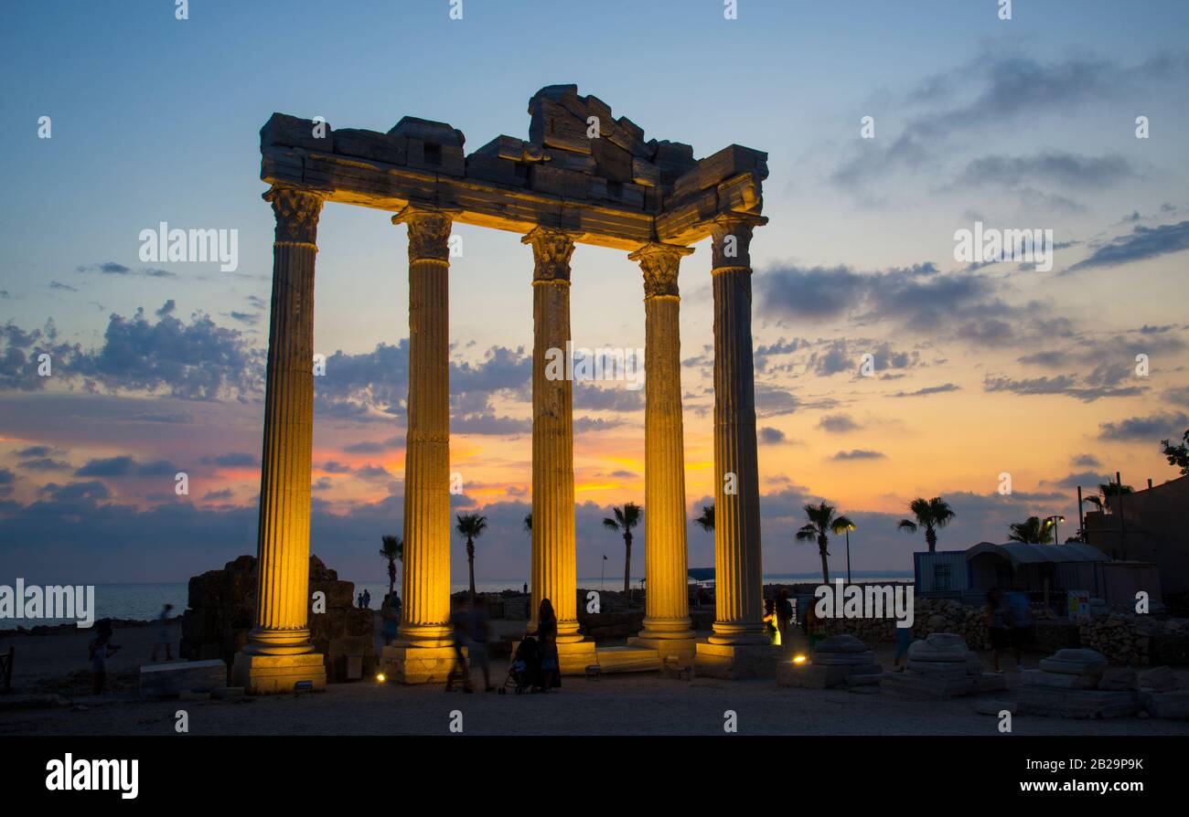 Side (Turkey) - Apollo Temple in evening. Sunset over sea in the ...