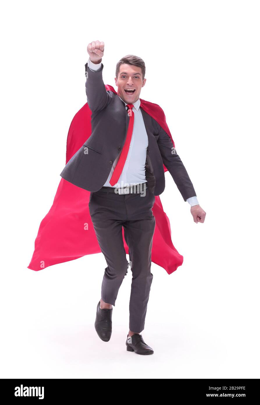 full length . happy businessman superhero runs towards his goal Stock ...