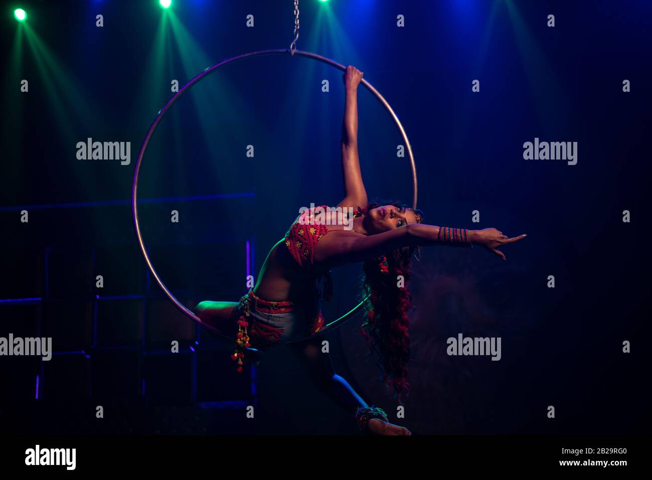 Mumbai / India 14 January 2020 Indian woman performing aerial ring ...