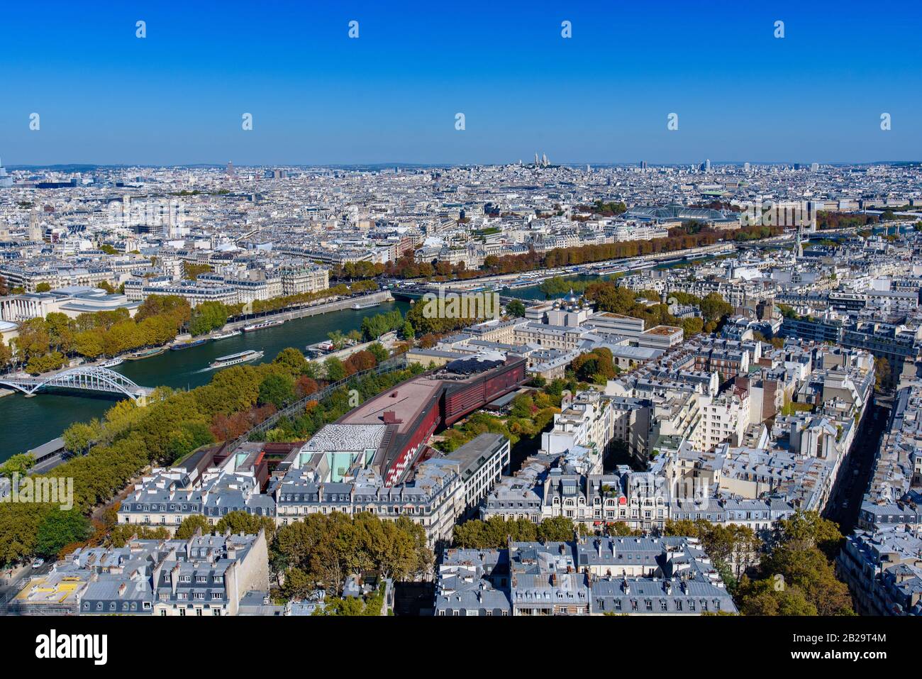 Aerial view of Seine river and the skyline of Paris city from Eiffel ...