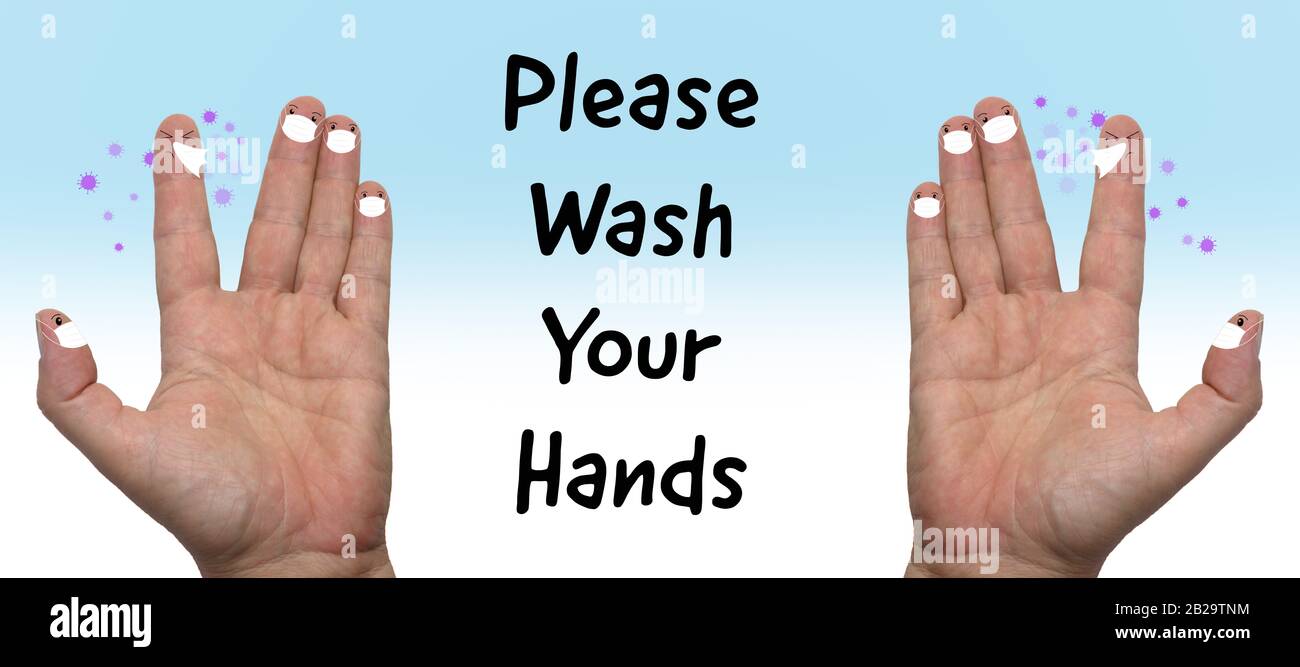Please wash your hands, two hands with fingers with faces wearing face ...