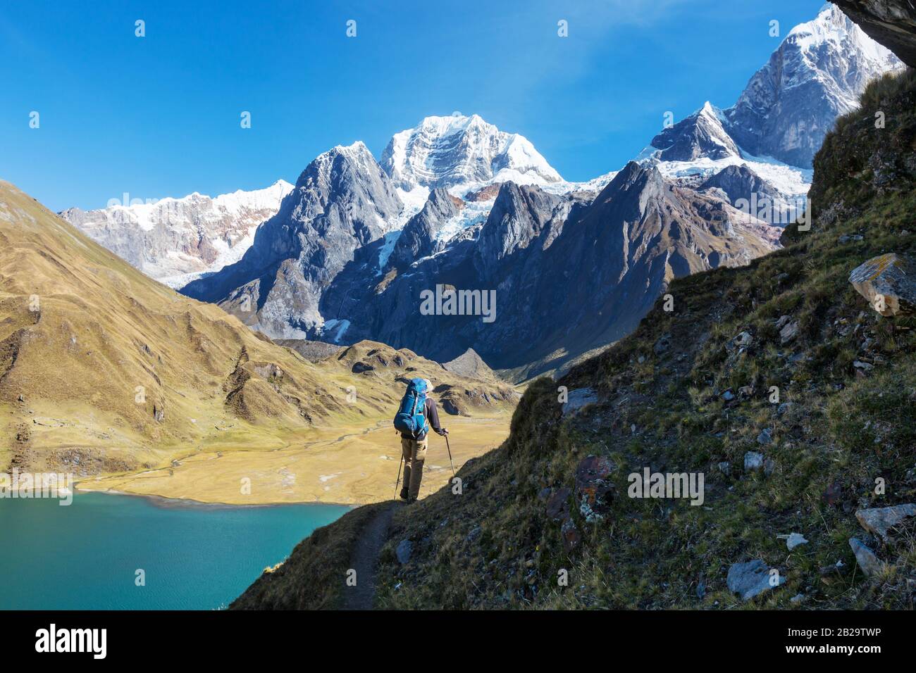 Hiking scene in Cordillera mountains, Peru Stock Photo - Alamy