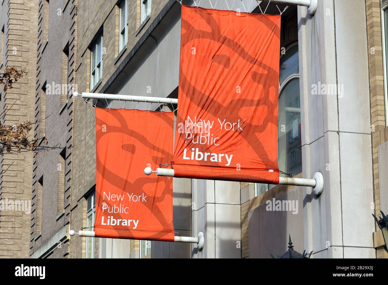 New York Public Library flags outside a nypl branch in Morningside ...