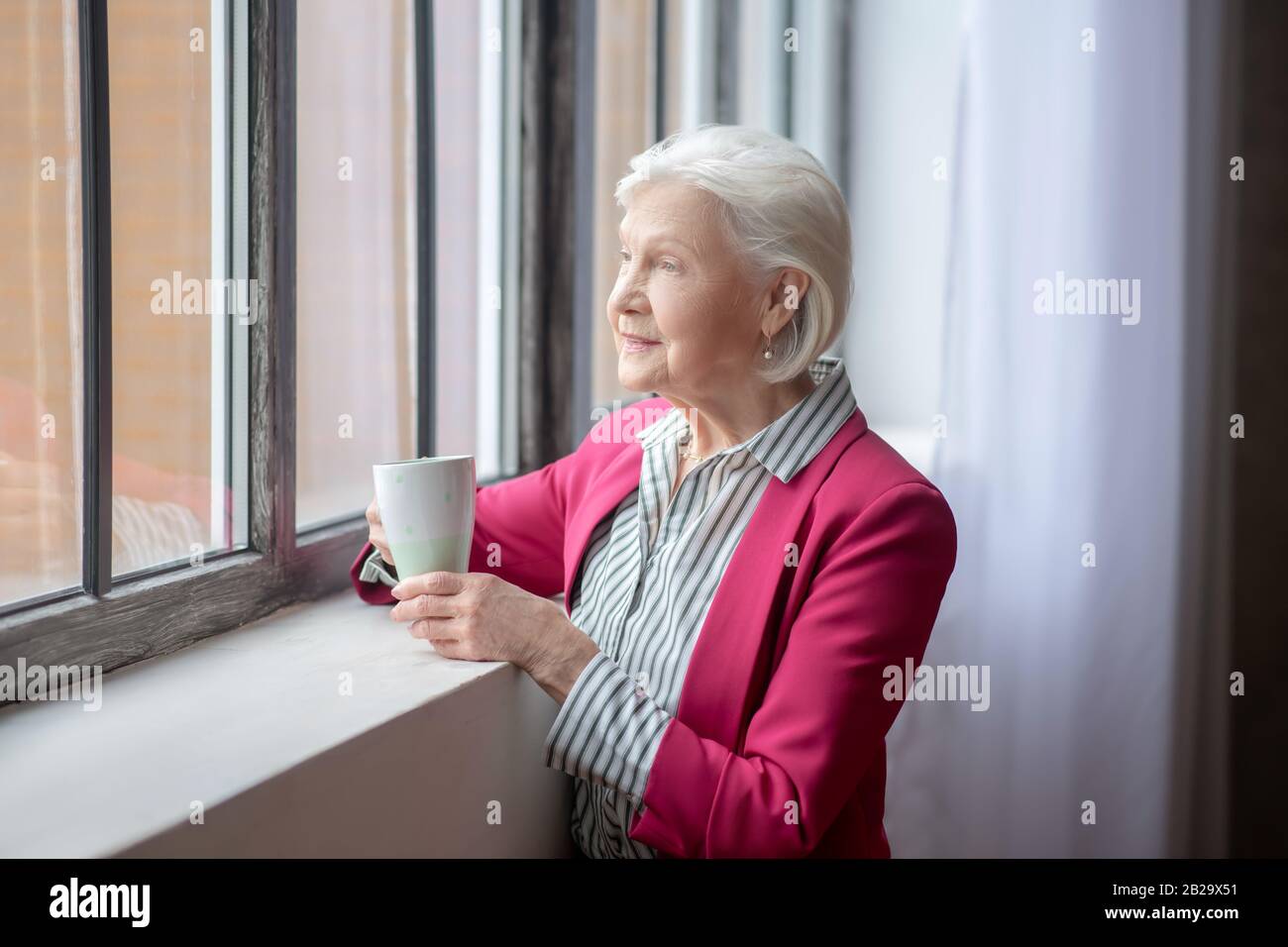 Grey-haired smiling lady standing at the window and thinking Stock ...