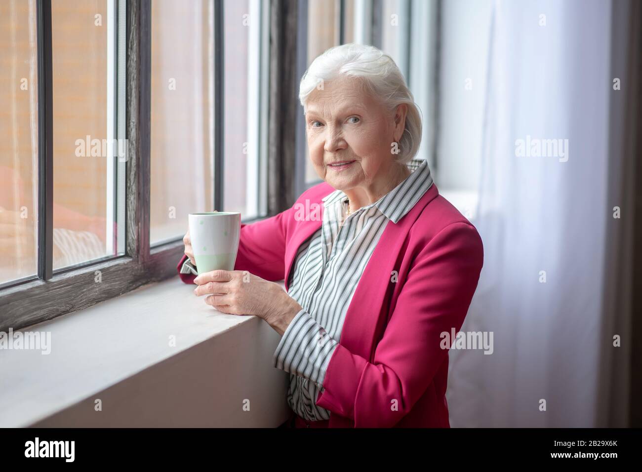 Grey-haired smiling lady standing at the window Stock Photo - Alamy
