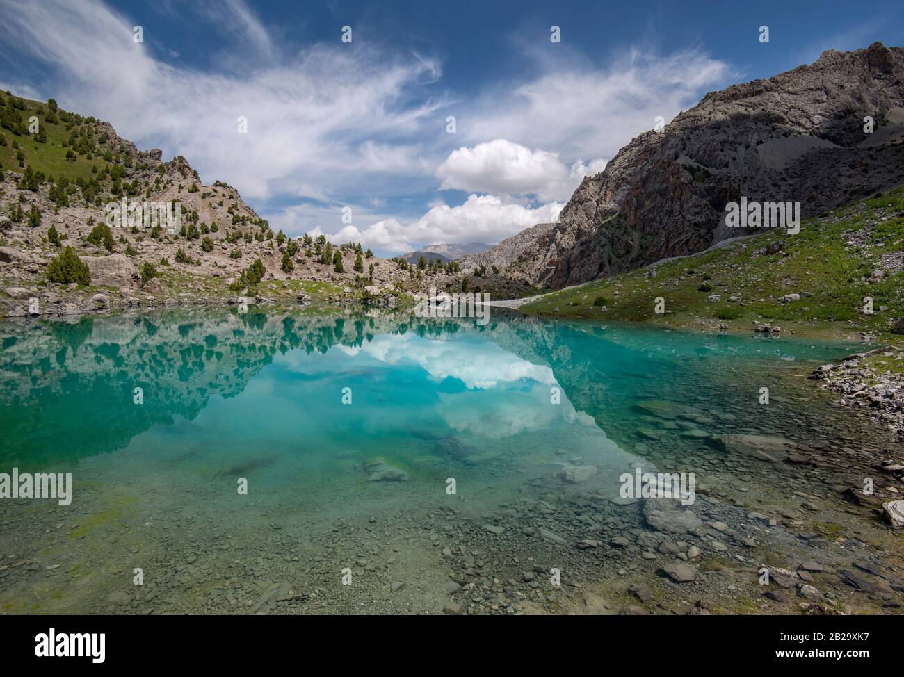 Green transparent lake surrounded with mountains. Blue sky with ...