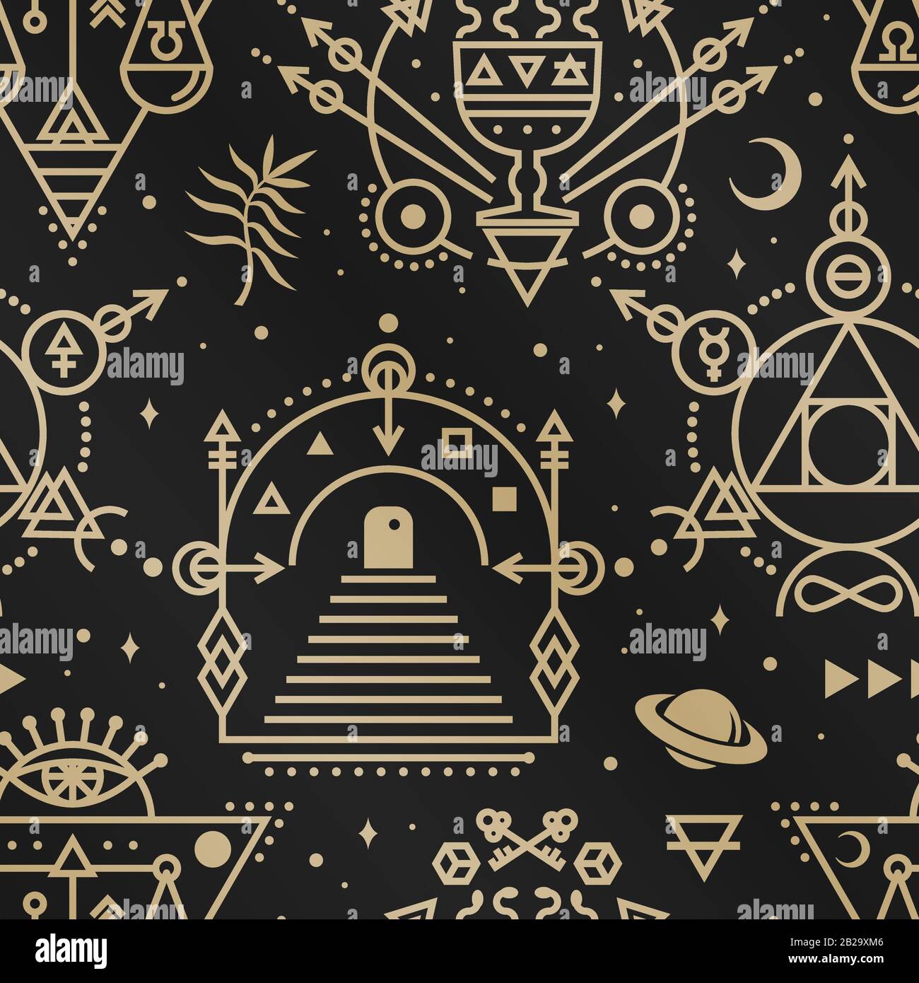 Gold esoteric seamless pattern, background. Vector. Thin line geometric ...