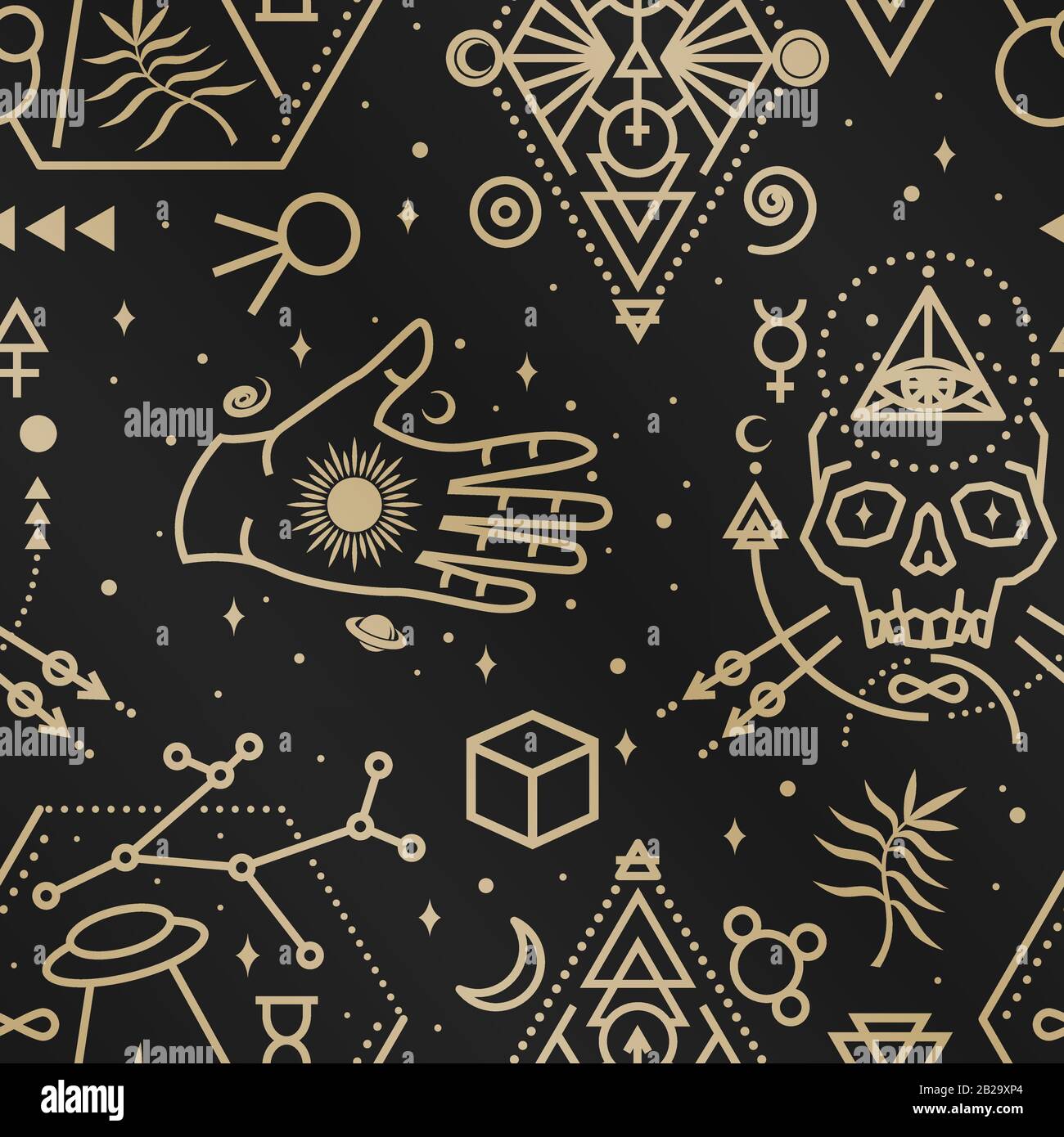 Gold esoteric seamless pattern, background. Vector. Thin line geometric ...