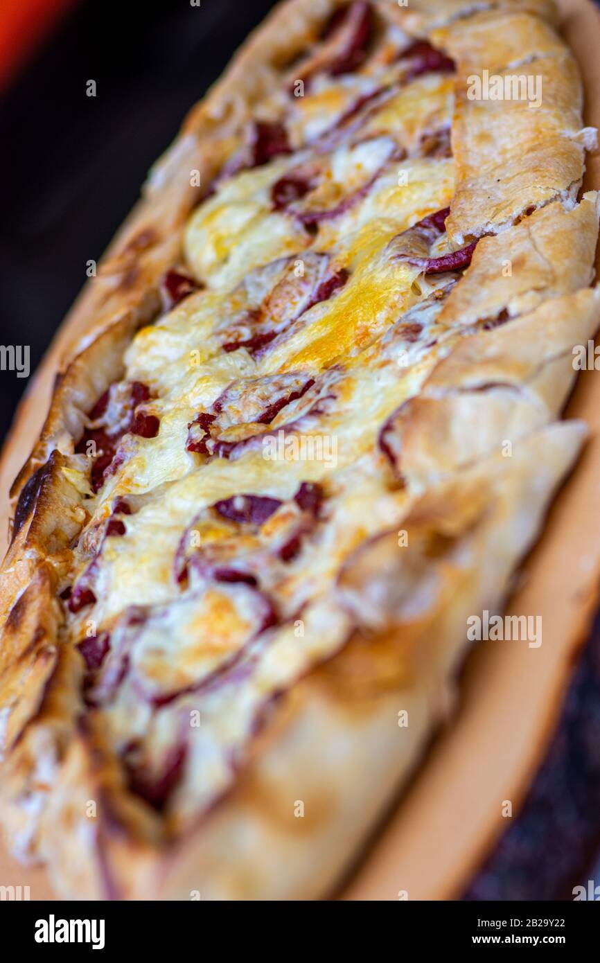 Pide with sucuk and cheese tasty delight Stock Photo - Alamy