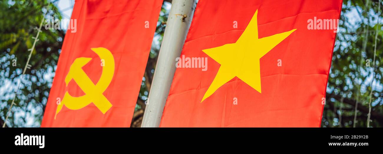 Communist badges on red, sickle, hammer and star. USSR, Vietnam, China ...