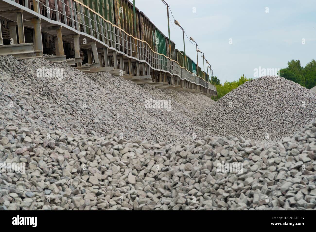 Railway. Transportation of crushed stone by rail. Unloading railway ...