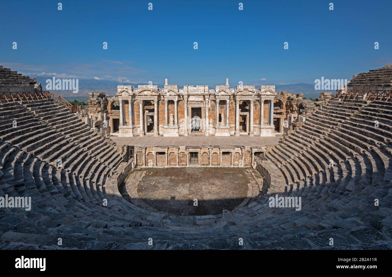Ancient theatre in Hierapolis, Pamukkale (Turkey) top vie. Blue sky in ...