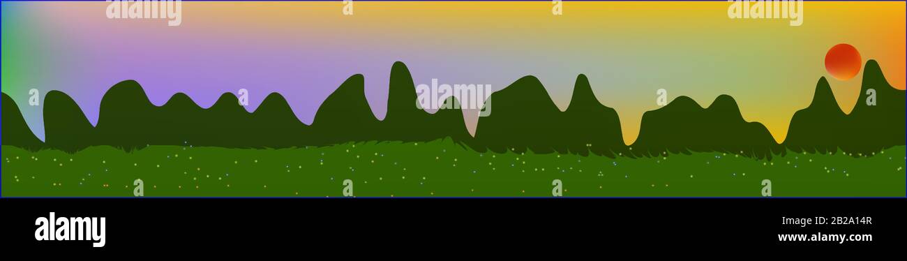 Fancy sky, and mountains landscape. Game style panaramic pattern ...