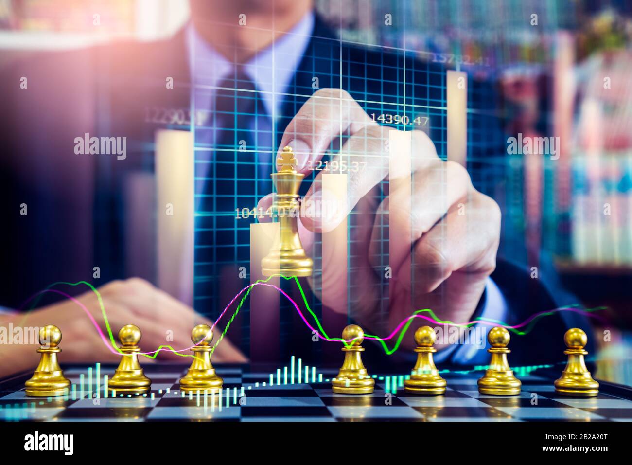 Chess game on chess board on stock market or forex trading graph chart ...