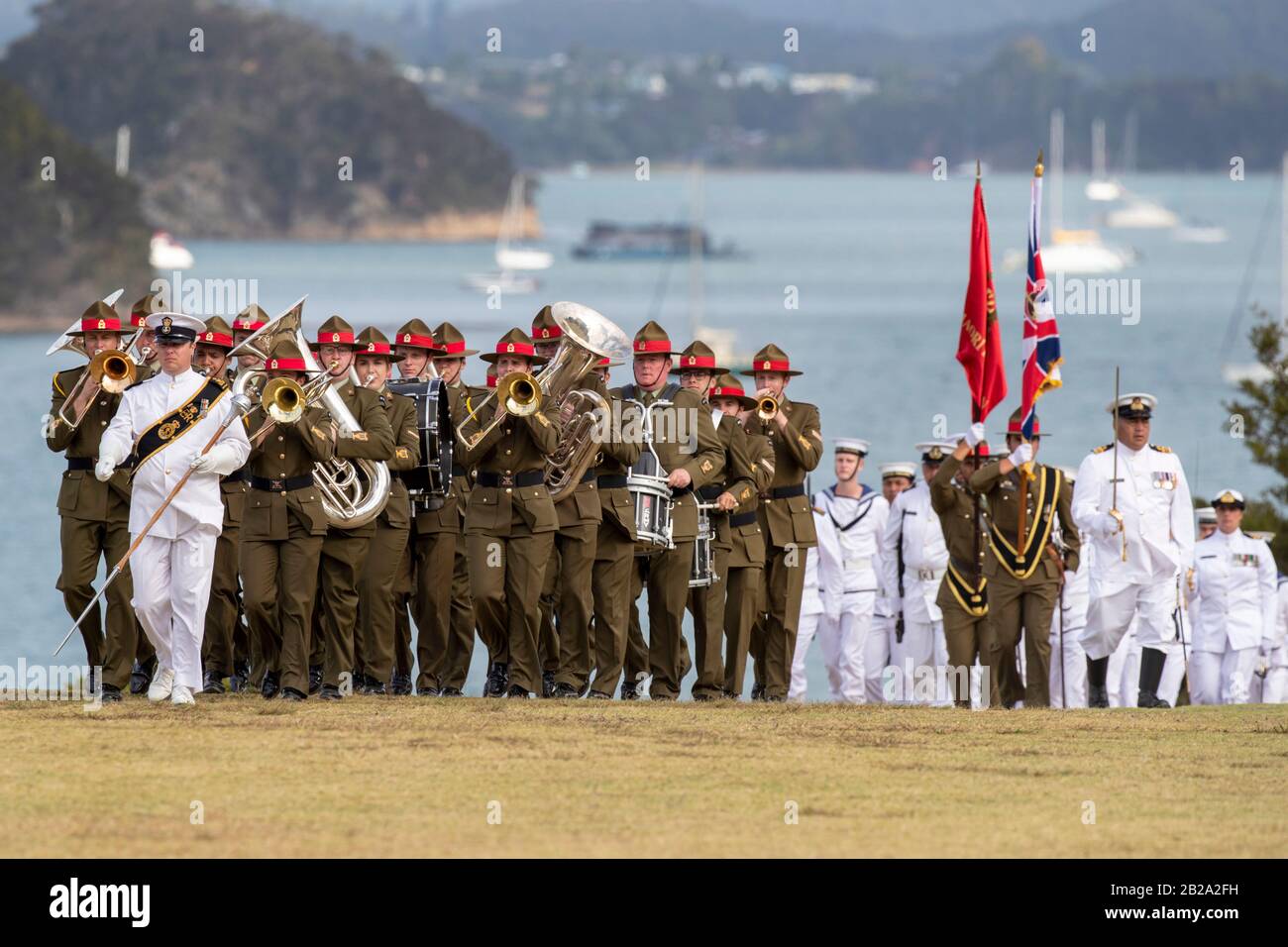 Army band at Navy parade prior to Waitangi Day in Waitangi, New Zealand ...