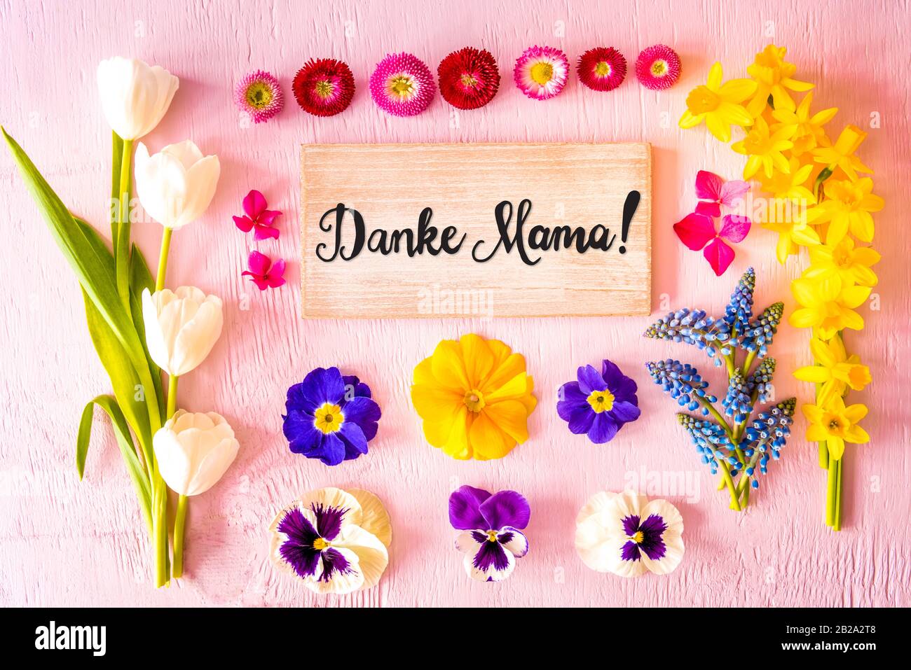 Spring Flat Lay, Flowers, Sign, Calligraphy Danke Mama Means Thank You ...