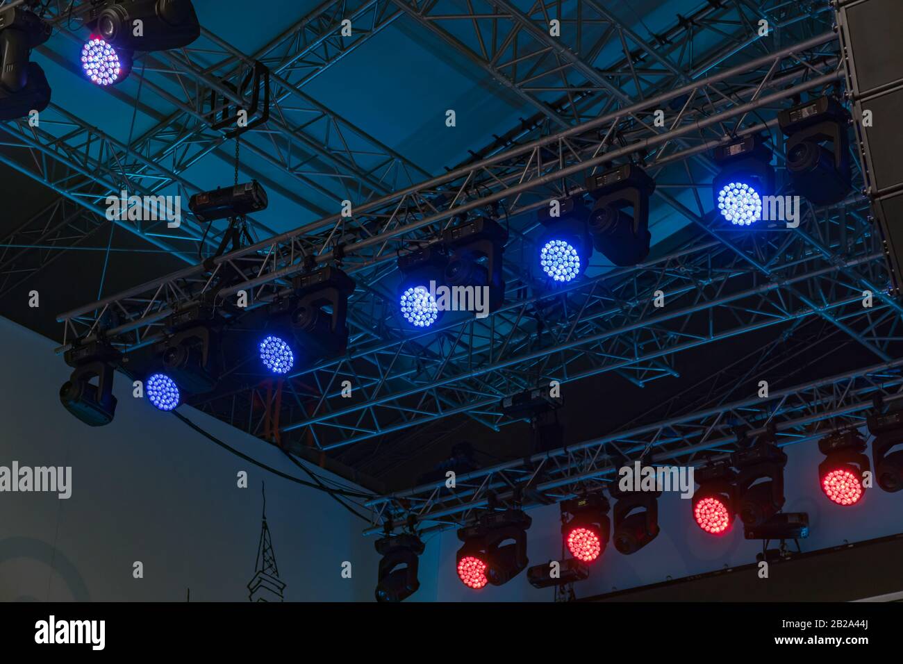 Professional lighting equipment installed above the stage on special ...