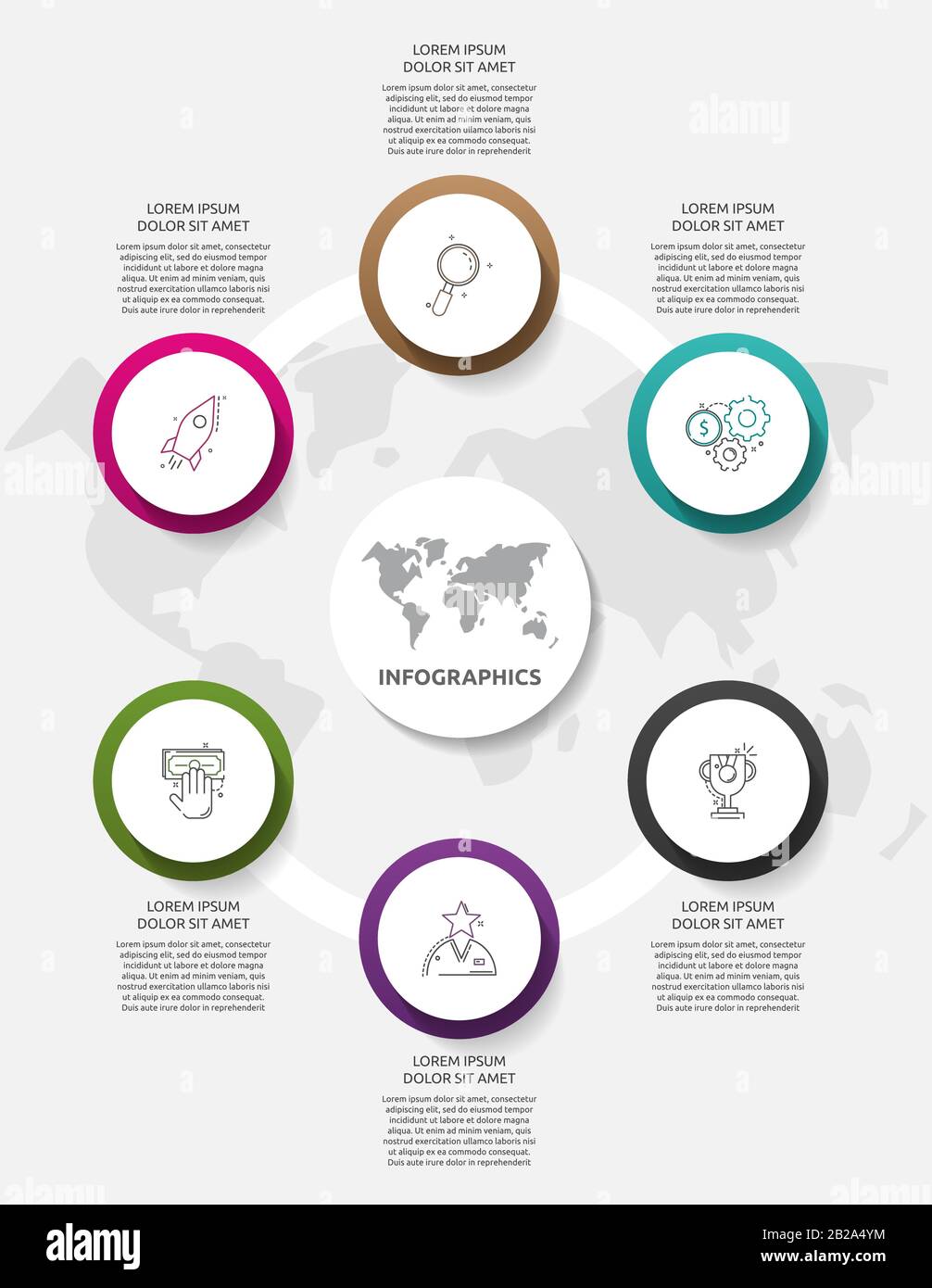 Vector business infographic. Organization graph with 6 circles ...