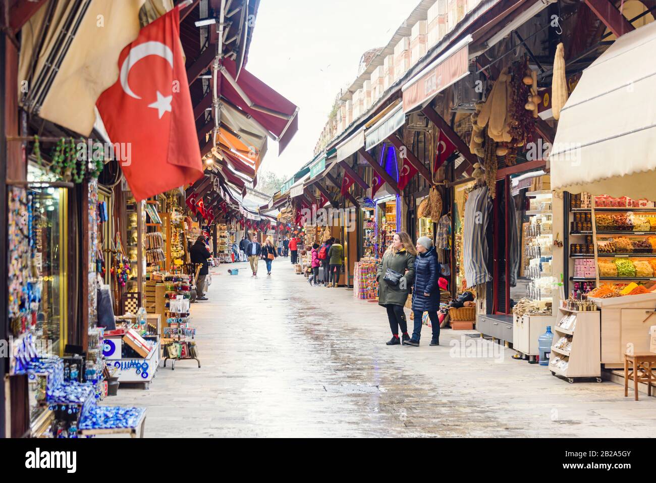 Turkish flags fly outside shops in the Arasta Bazaar, Istanbul, Turkey ...
