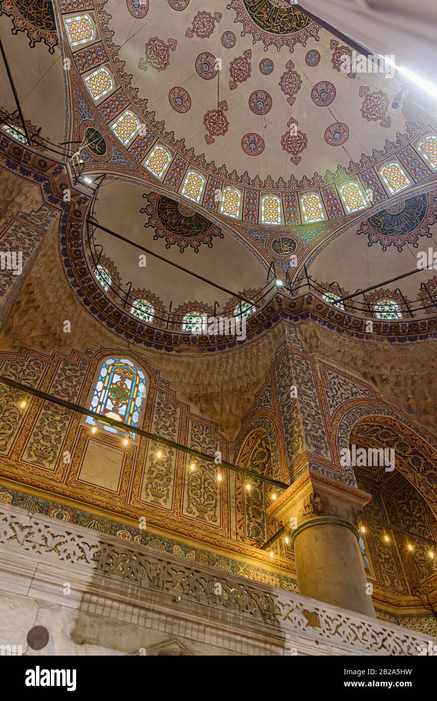 Ornate ceramic tiles on the walls and dome inside the Blue Mosque ...